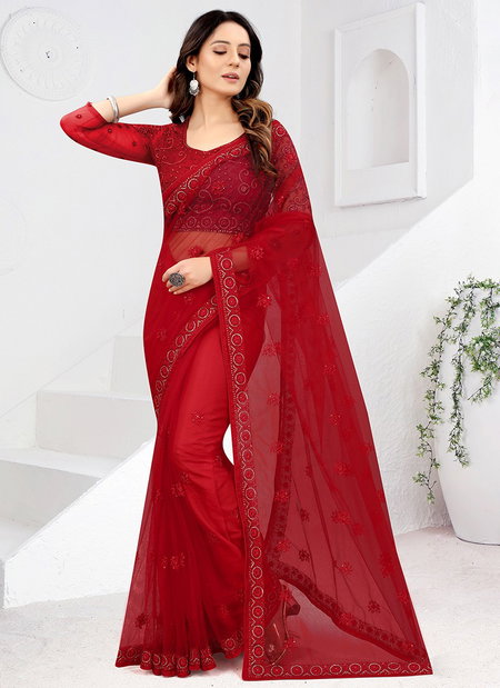 Red Colour New Designer Stylish Party Wear Net Fancy Saree Collection ...