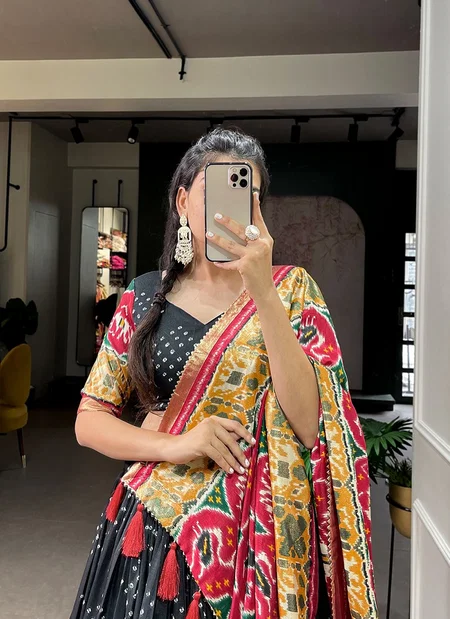Black Colour Tasar Silk With Patola Print Lehenga With Blouse And ...