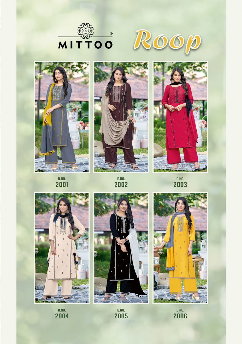 Roop By Mittoo Rayon Embroidery Kurti With Bottom Dupatta Wholesale ...
