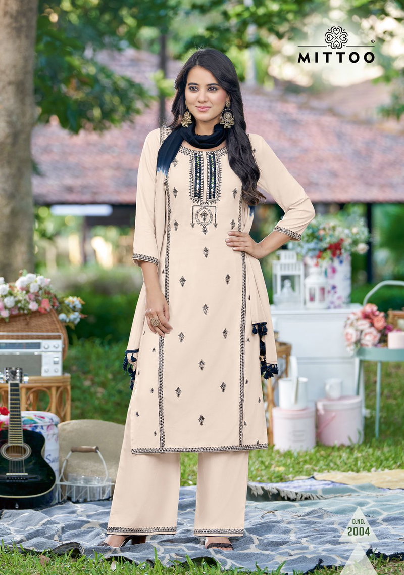 Roop By Mittoo Rayon Embroidery Kurti With Bottom Dupatta Wholesale ...