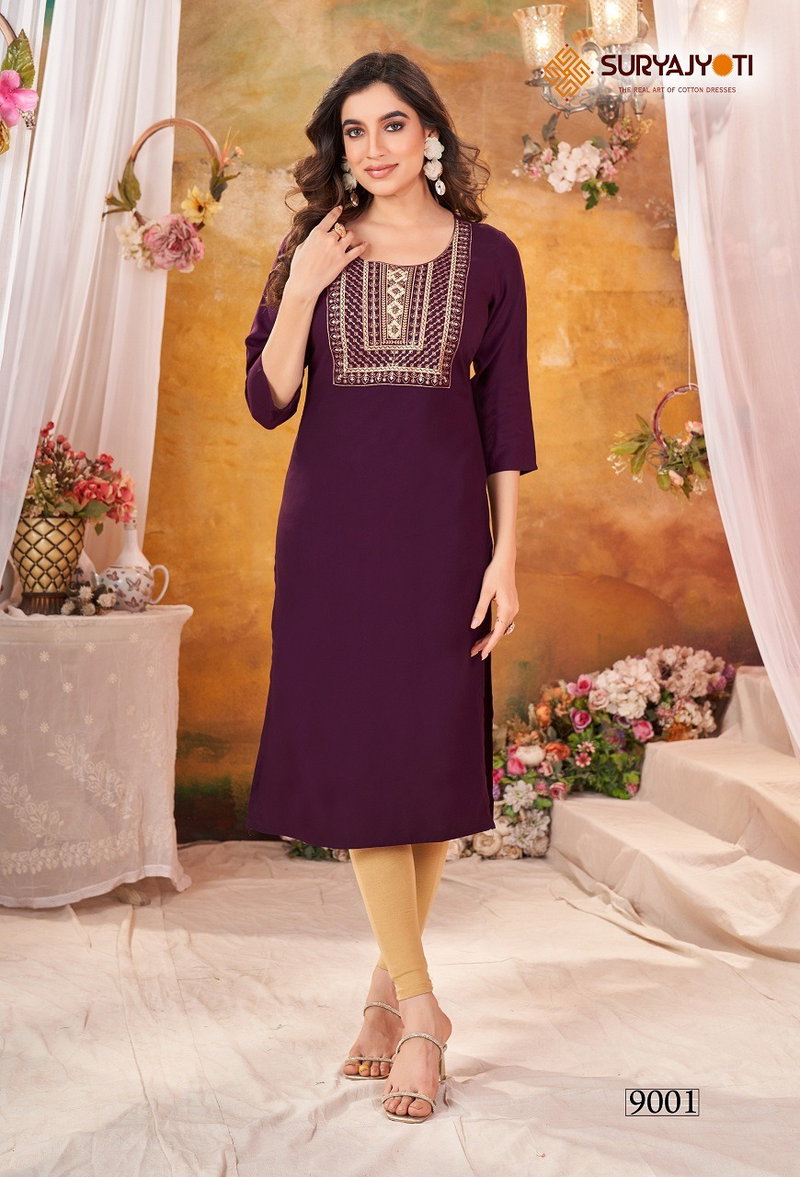 Nirja Advance Vol 9 By Suryajyoti Straight Cut Rayon Embroidery Kurtis ...