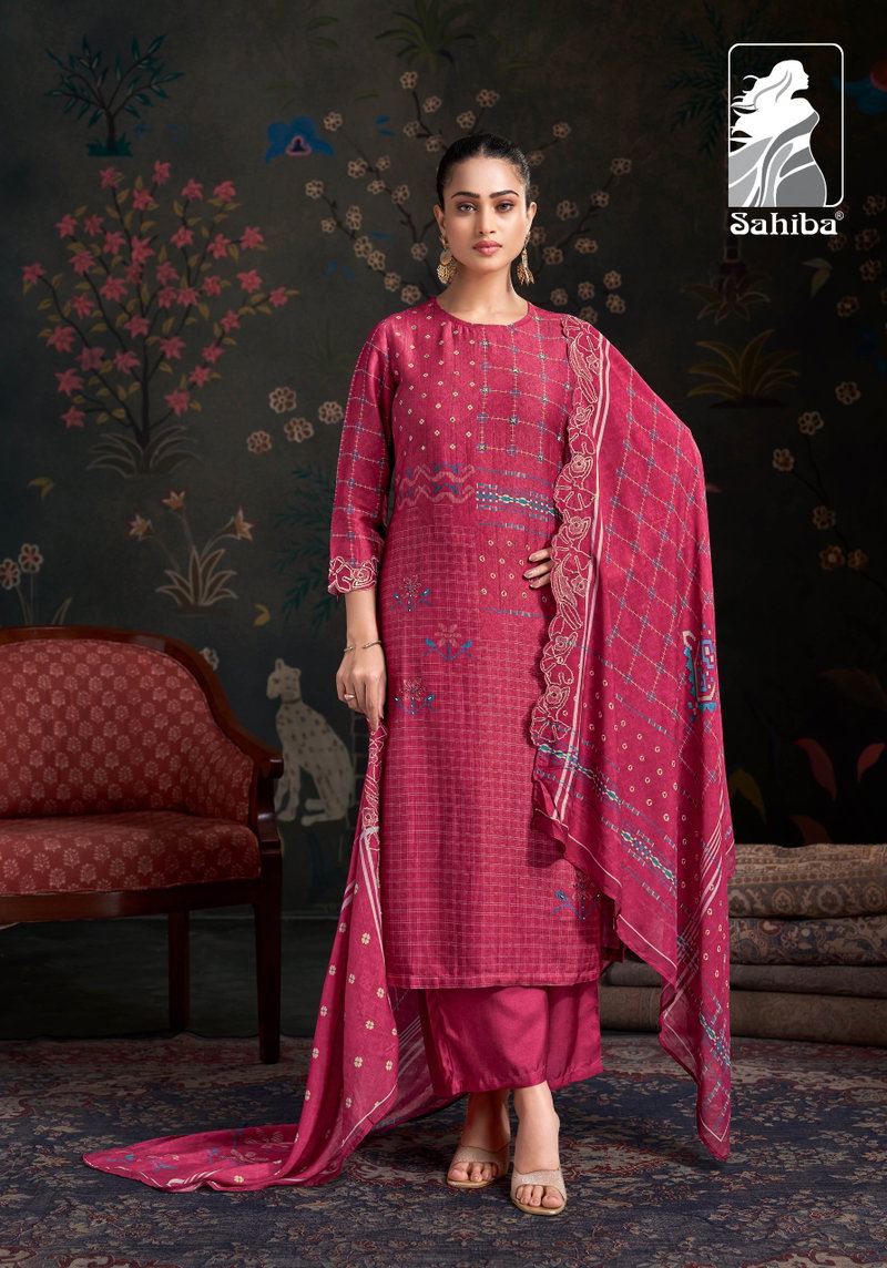 Raahil By Sahiba Shimmer Silk Printed Dress Material Wholesalers In ...