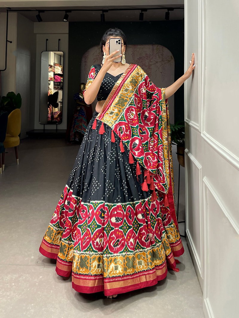 Black Colour Tasar Silk With Patola Print Lehenga With Blouse And ...