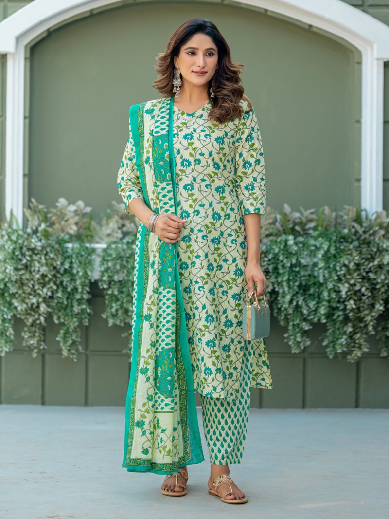 Pista Colour Cotton Blend With Print Kurti With Pant Dupatta Wholesale ...