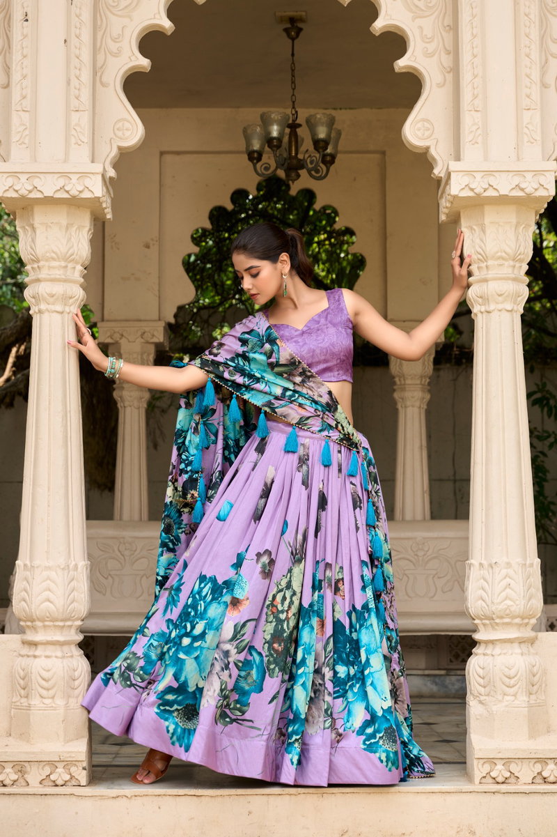 Lavender Colour Tasar Silk With Floral Print Lehenga With Blouse And ...